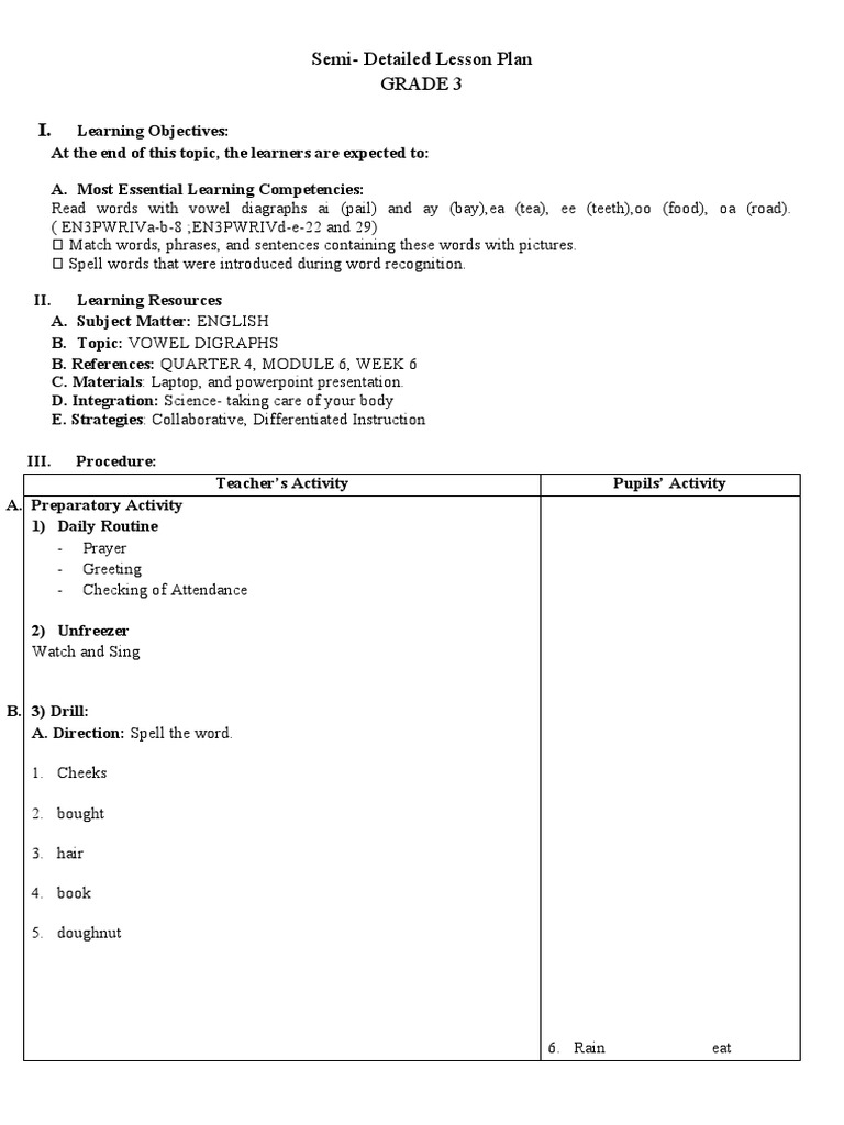 Semi-Detailed Lesson Plan Grade 3 | PDF | Linguistics | Cognition