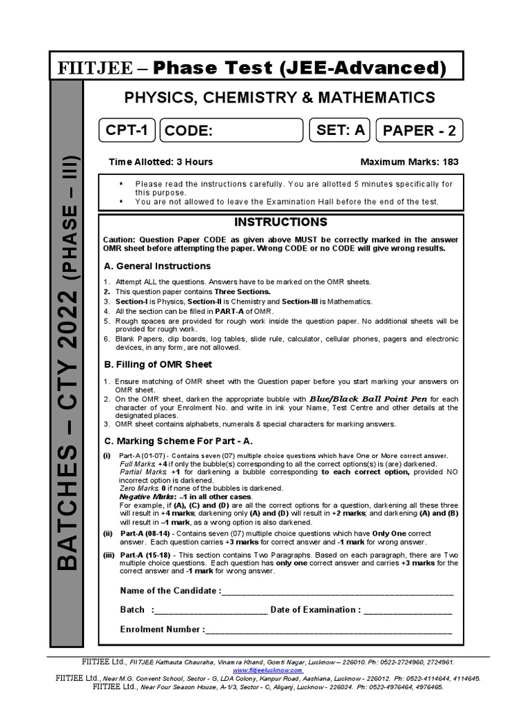 Fiitjee - Phase Test (JEE-Advanced) : Physics, Chemistry & Mathematics ...