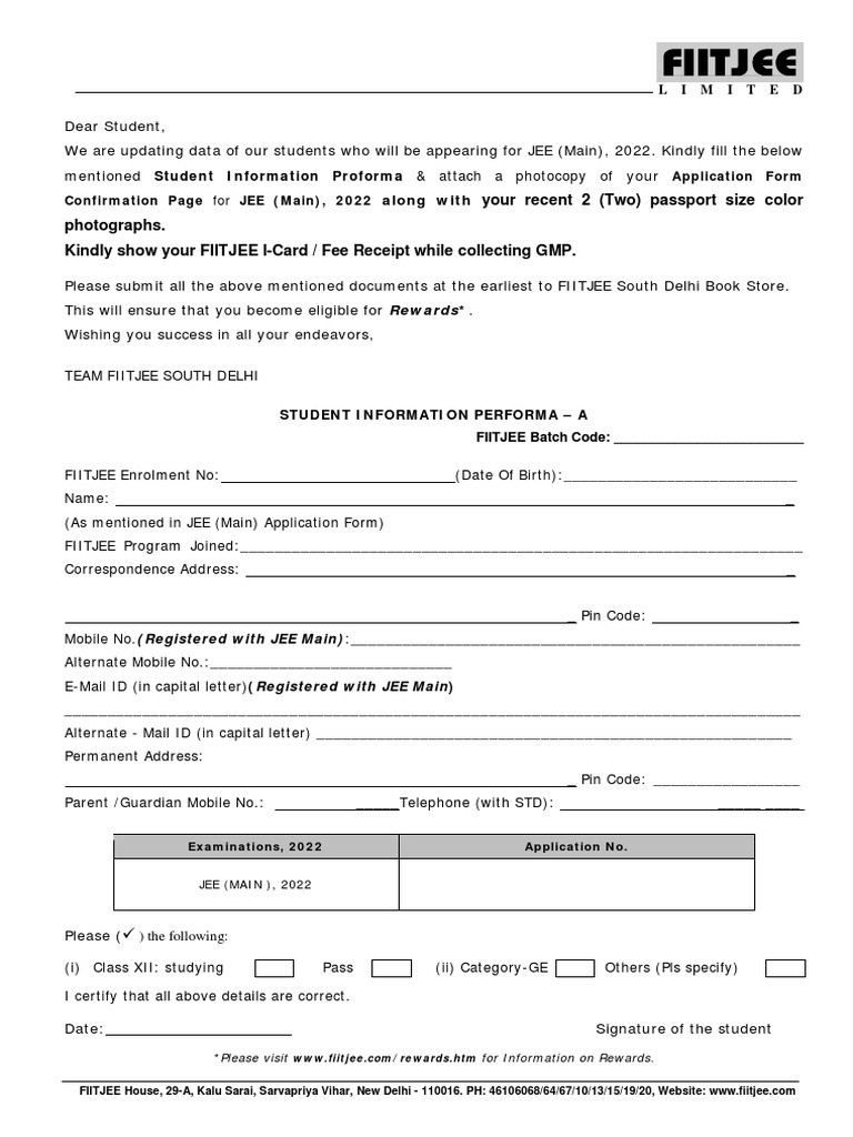 Student Information Proforma JEE 2022 | PDF