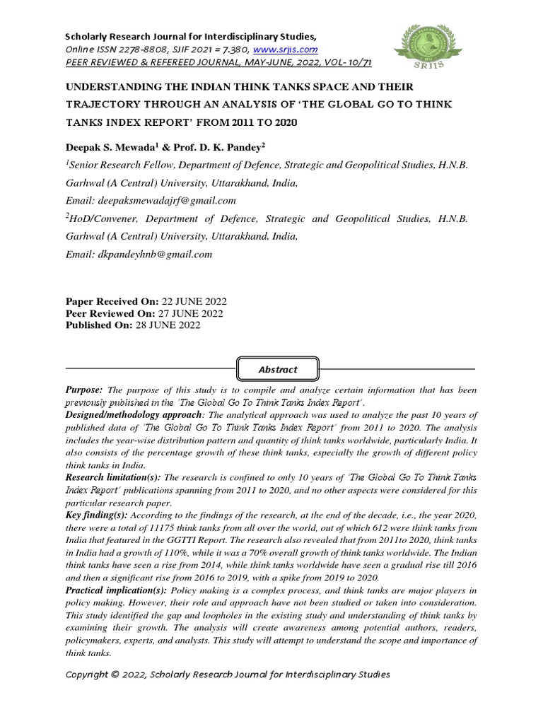 Understanding The Indian Think Tanks Space and Their Trajectory Through ...