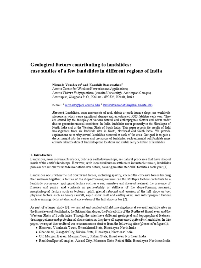 Geological Factors Contributing To Landslides - Case Studies of A Few ...