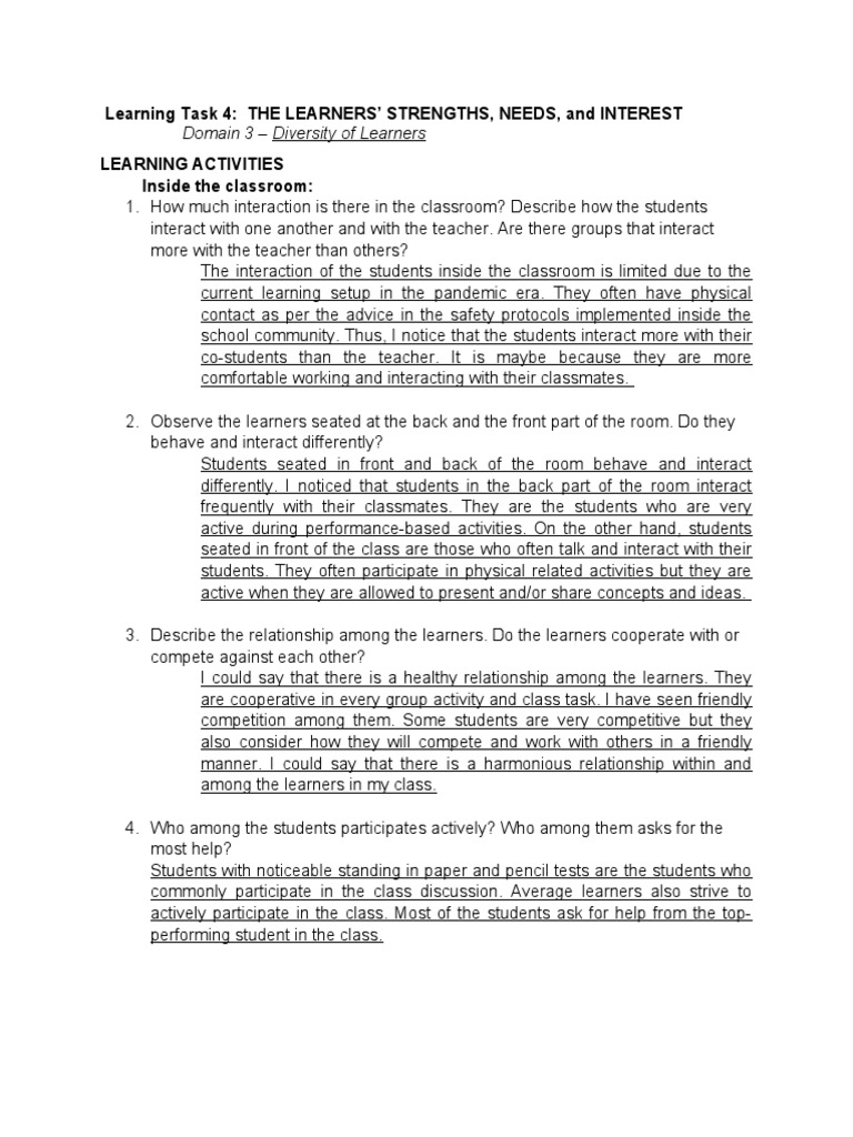 Domain 3 - Diversity of Learners: Learning Task 4: The Learners ...