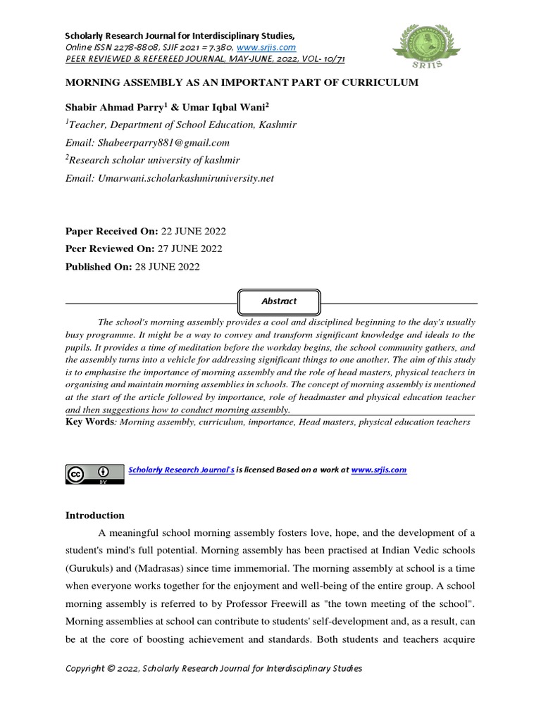 Morning Assembly As An Important Part Of Curriculum Download Free Pdf
