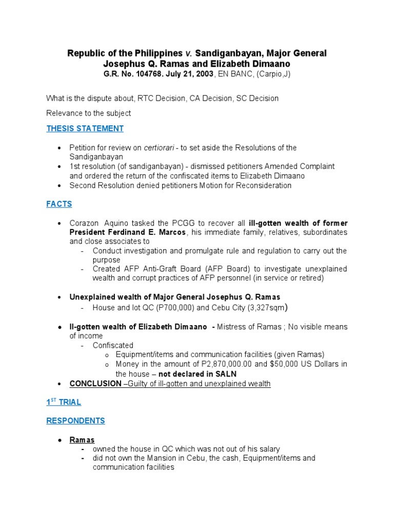 Republic of The Philippines v. Sandiganbayan, Major General Josephus Q ...