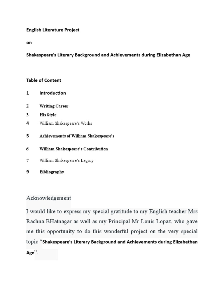 English Literature Project On Shakespeare's Literary Background and ...