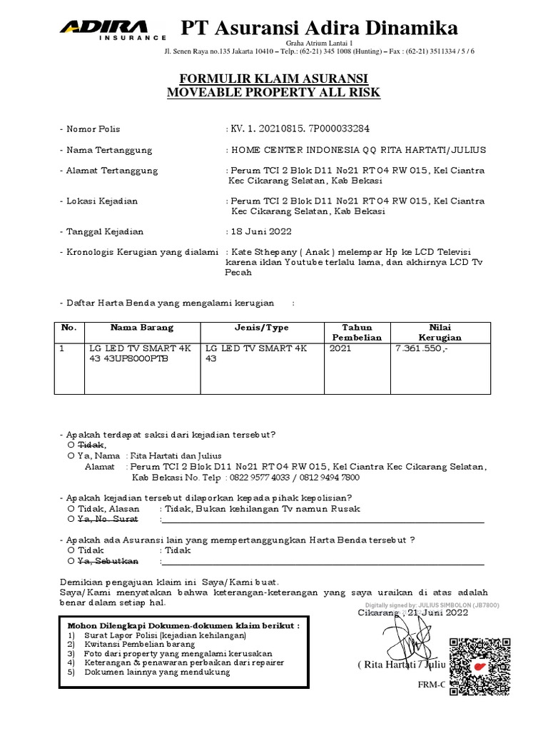 Formulir Klaim Moveable Property All Risk | PDF