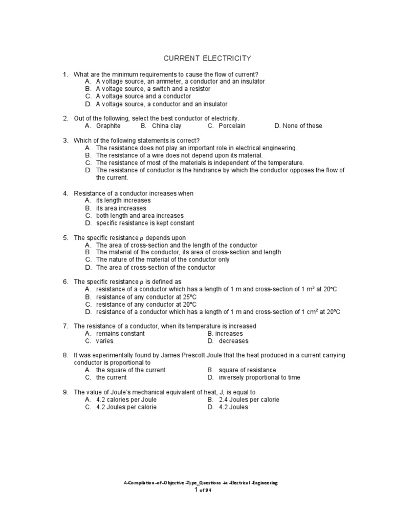 Current Electricity: A Compilation of Objective Type - Questions in Electrical Engineering of 94 ...