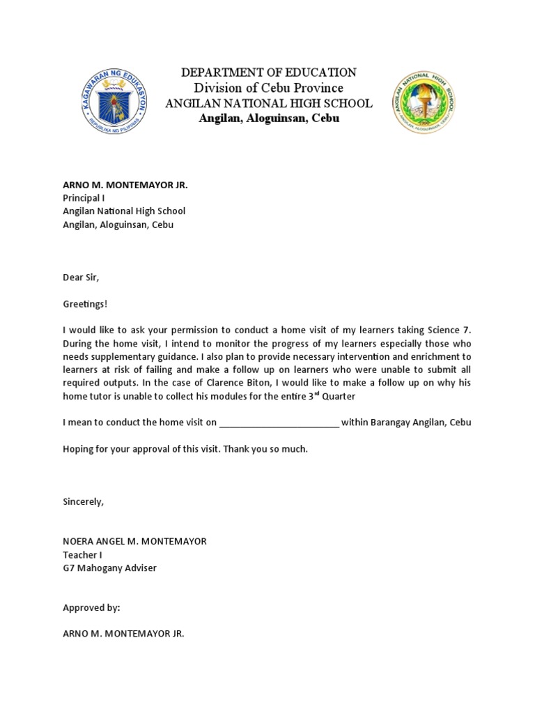 Home Visitation Letter To Principal | PDF