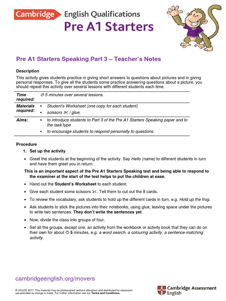 Pre A1 Starters 2018 Speaking Part 3 | PDF | Question | Cognition
