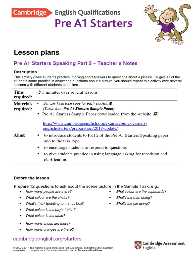Pre A1 Starters 2018 Speaking Part 2 | PDF | Lesson Plan | Question