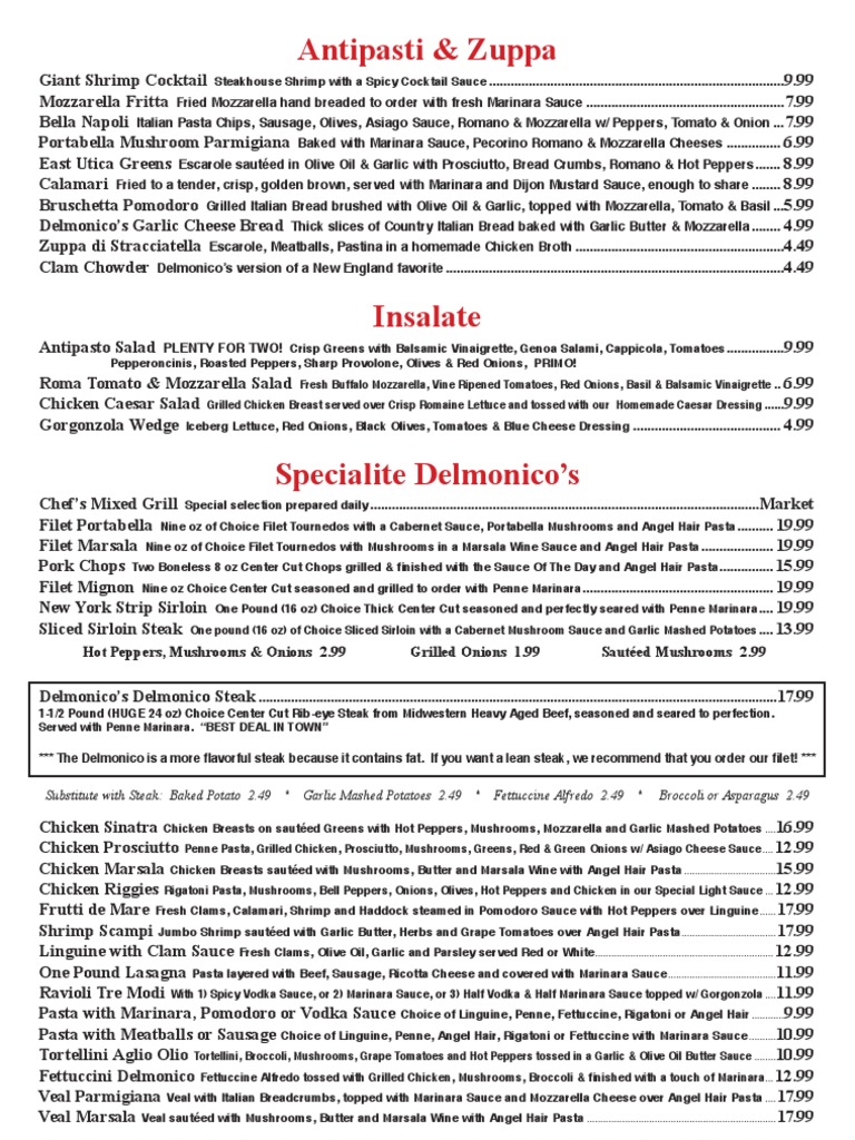 Delmonicos Dinner Menu | PDF | Salad | Pasta