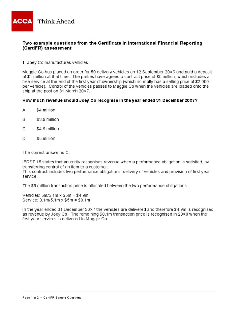 Two Example Questions From The Certificate in International Financial Reporting (Certifr ...