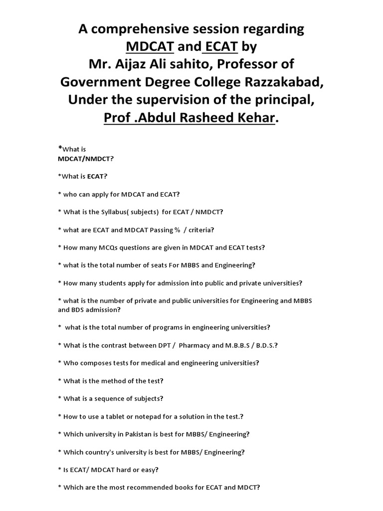 A Comprehensive Session Regarding MDCAT and ECAT B | PDF | Educational ...