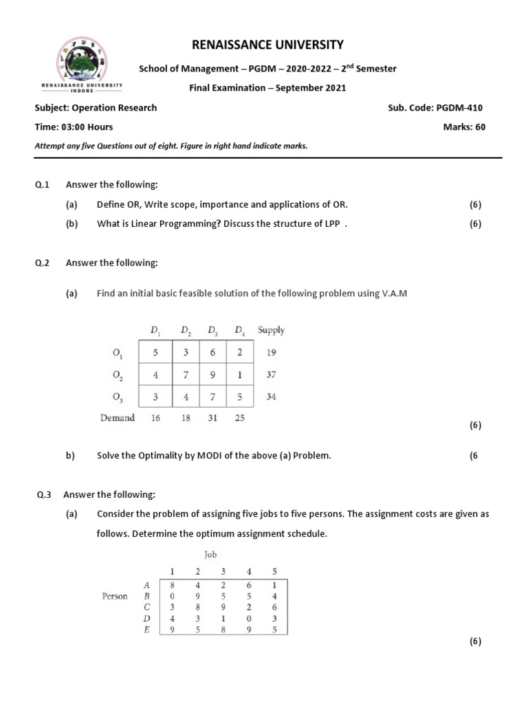 PGDM Operation Research Exam Paper 2021 | PDF | Applied Mathematics ...
