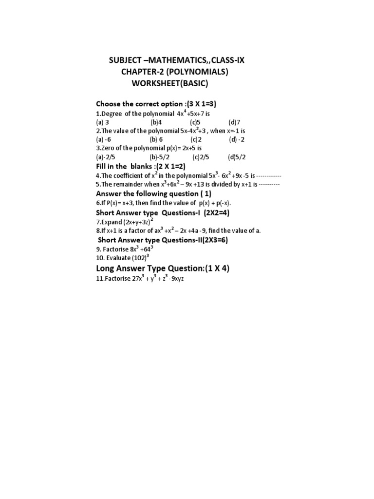 Subject - Mathematics,,Class-Ix Chapter-2 (Polynomials) Worksheet ...