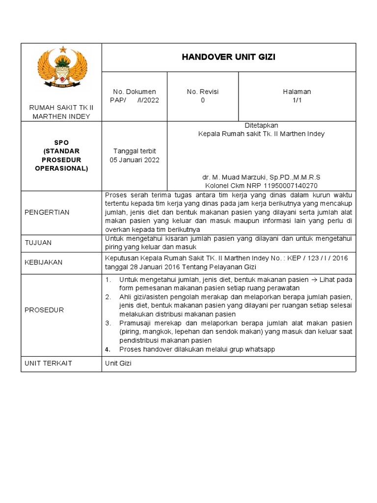 Spo 20 Handover Unit Gizi | PDF