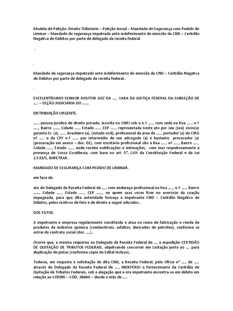 Modelo de Petição MANDADO DE SEGURANÇA | PDF | Mandamus | Justiça