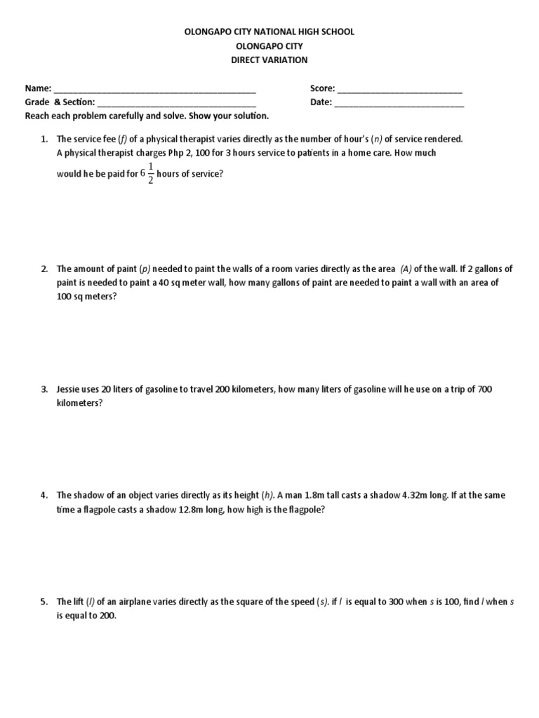 Direct VAriation Word Problems | PDF