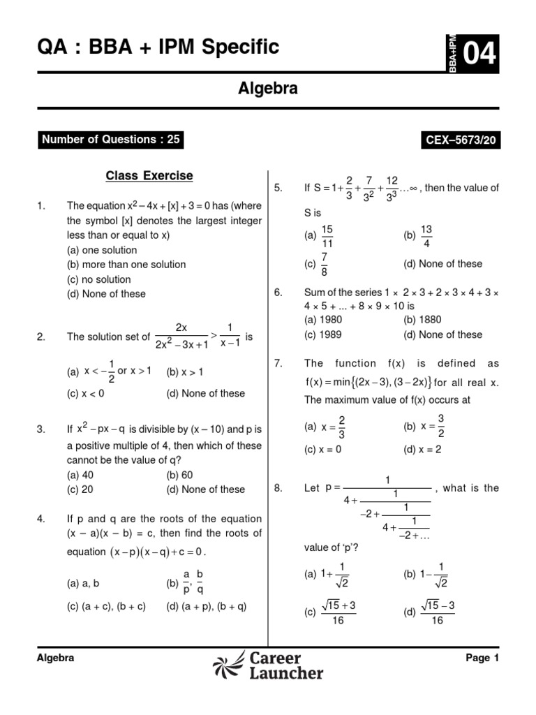 QA: BBA + IPM Specific: Algebra | PDF | Equations | Inequality ...