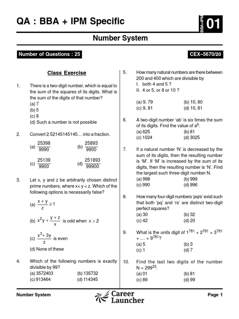 QA: BBA + IPM Specific: Number System | PDF | Numbers | Integer