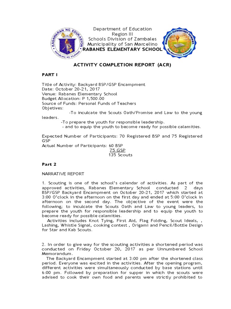 Rabanes Elementary School Activity Completion Report (Acr) | PDF
