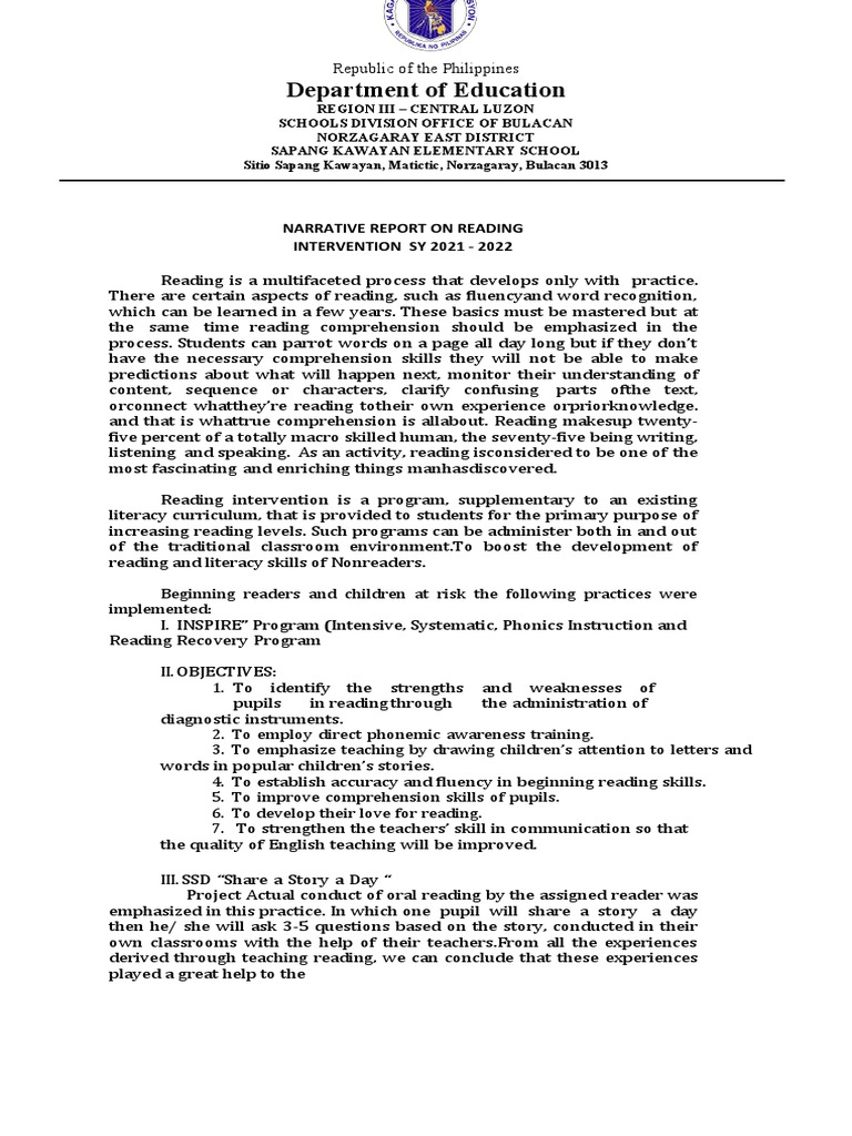 Narrative Report on Reading Intervention | PDF | Reading Comprehension ...