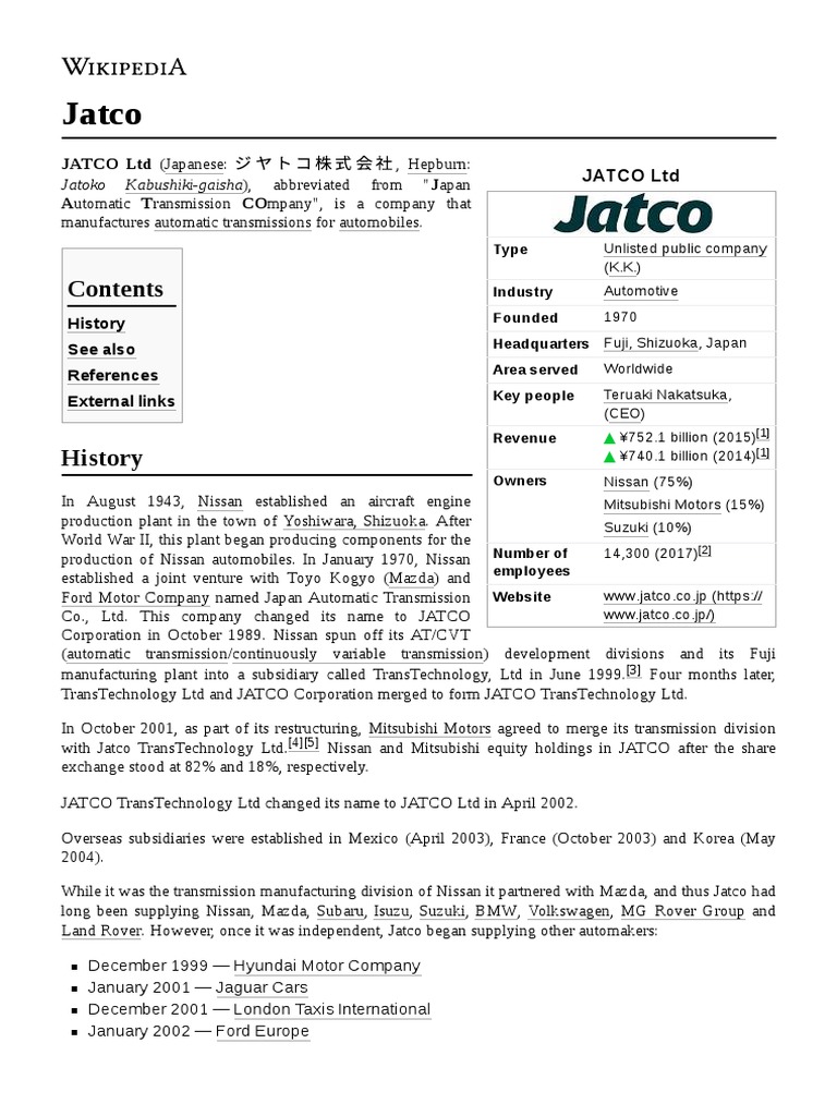 Jatco: Jatco LTD (Japanese: Automatic Transmission Company", Is A ...