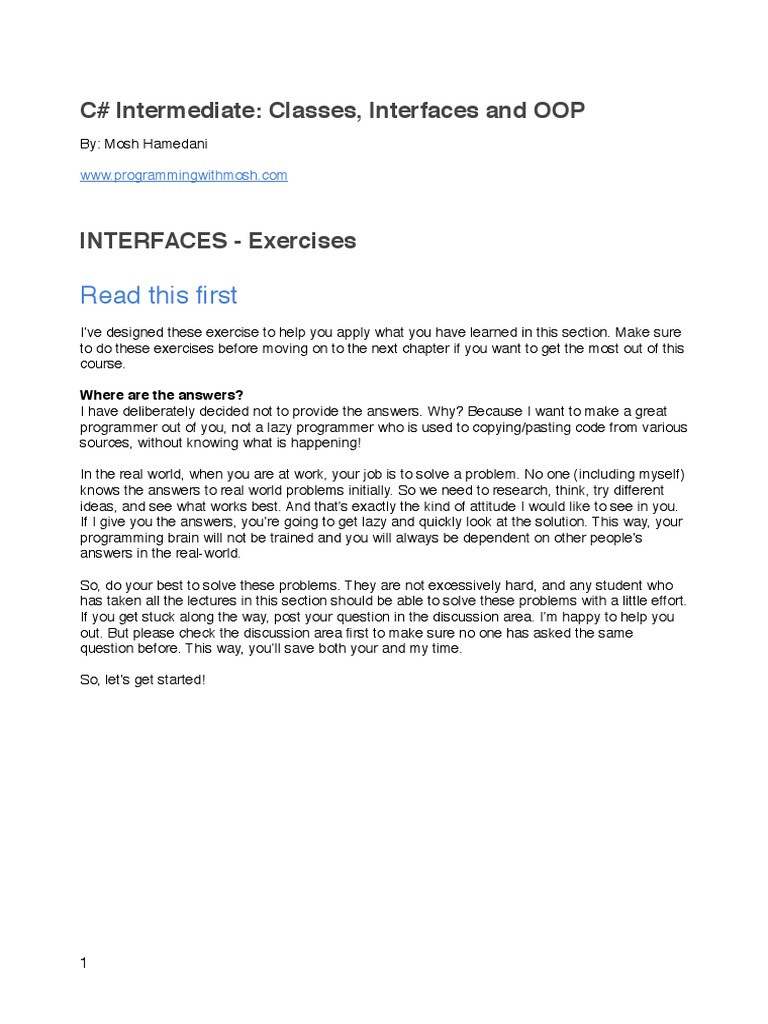 Read This First: C# Intermediate: Classes, Interfaces and OOP | Download Free PDF | Method ...