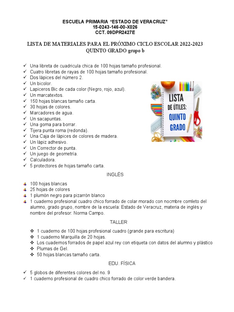 Lista de Utiles Escolares 2022-2023 | PDF