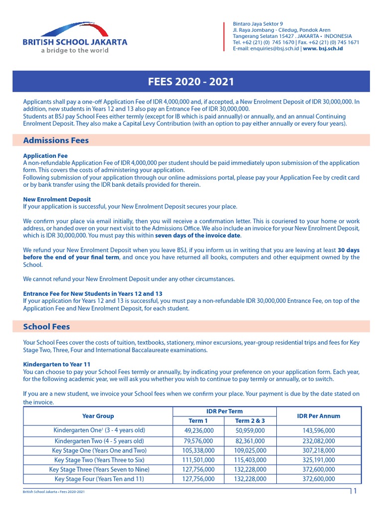 BSJ School Fees 2020-2021 Overview | PDF | Tuition Payments | Fee