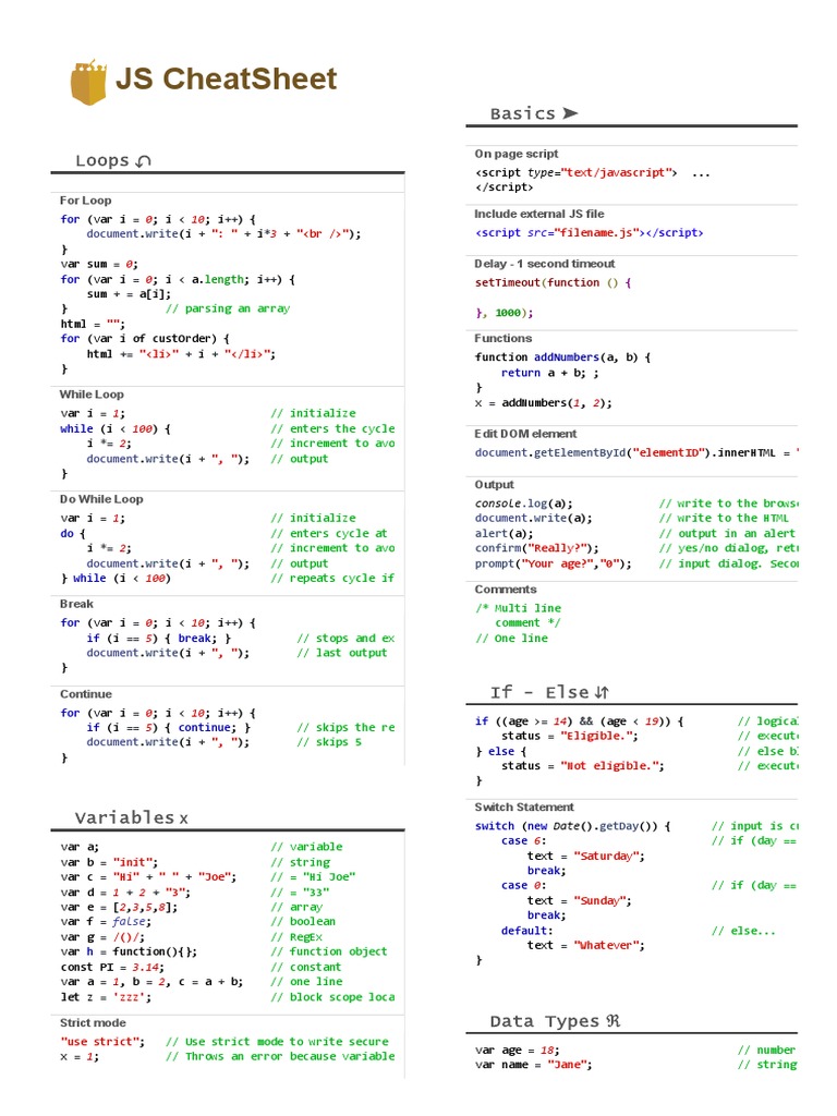 Js Cheatsheet: Basics Loops | PDF | Document Object Model | Html Element