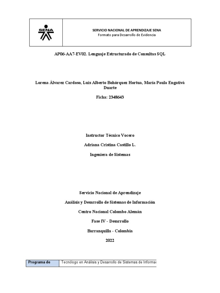 Evidencia SQL para Desarrollo de Software | PDF | Bases de datos | SQL