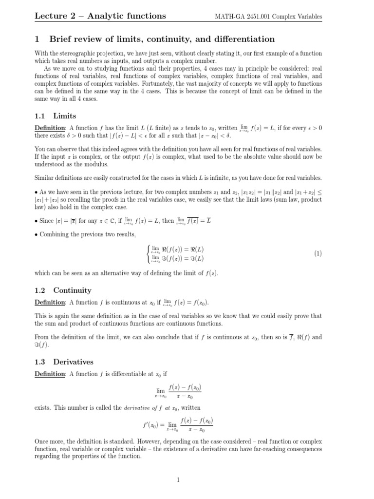 Lecture 2 - Analytic Functions 1 Brief Review of Limits, Continuity, and Differentiation | PDF ...