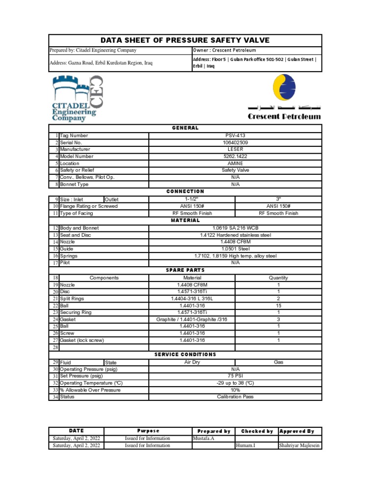 Data Sheet of Pressure Safety Valve: General | PDF | Valve | Mechanical ...