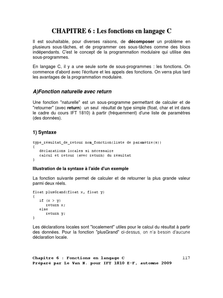 Fonctions en C : Concepts et Exemples | PDF | C (Langage de programmation) | Programmation ...