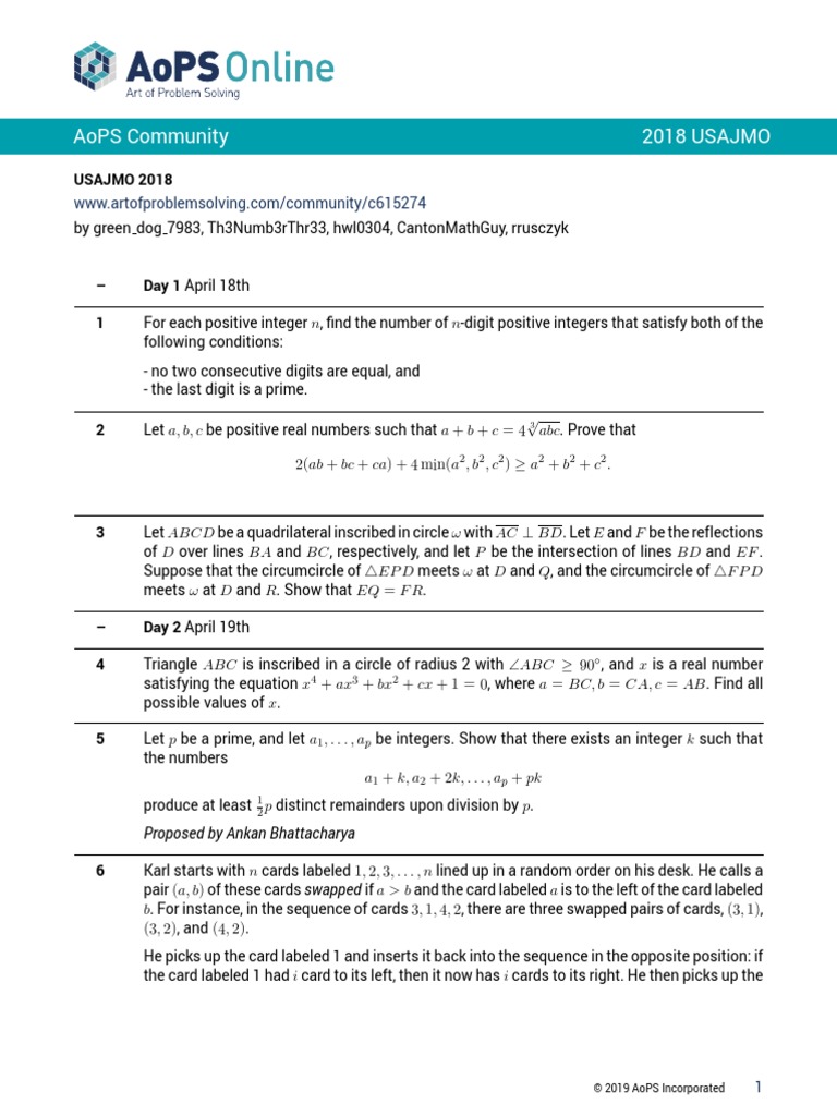 Aops Community 2018 Usajmo | PDF | Euclidean Plane Geometry ...