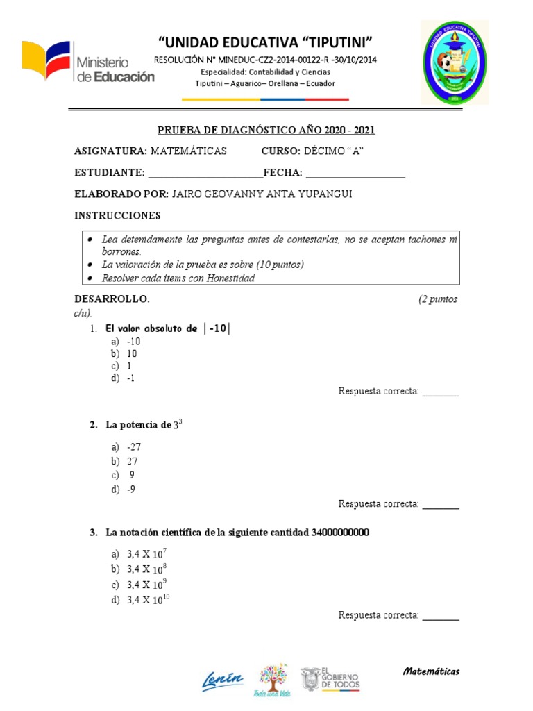 Prueba de Diagnostico Decimo A | PDF