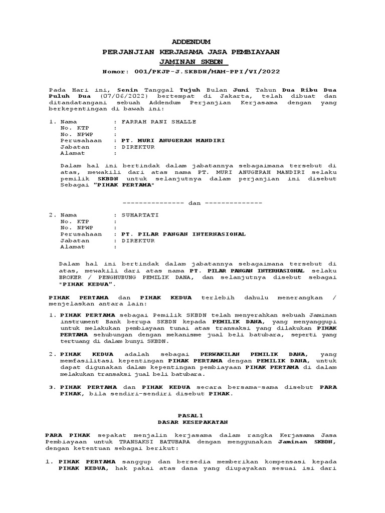 Addendum Kerjasama Pembiayaan Mam-Ppi | PDF