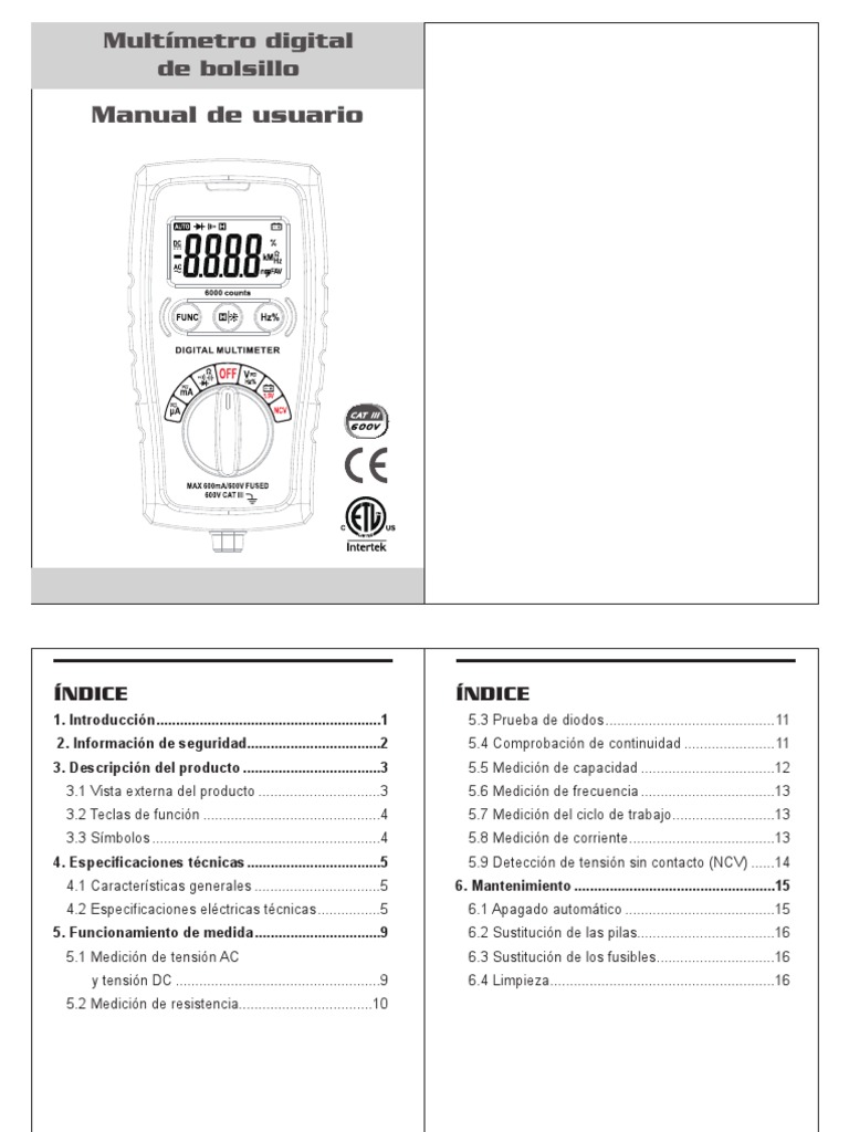 Multímetro Digital de Bolsillo. Manual de Usuario | PDF | Resistencia ...