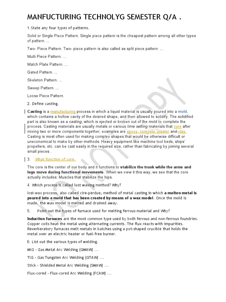 manufacturing technology answers | PDF | Casting (Metalworking) | Forging