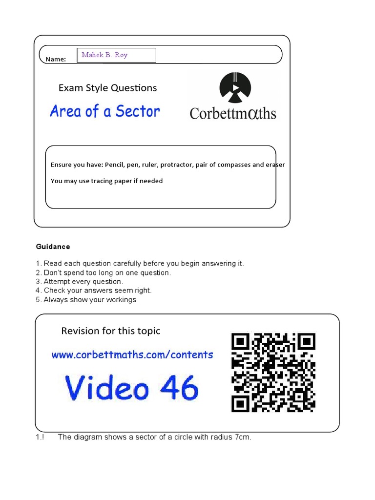 Area of A Sector Answer | PDF | Area | Pi