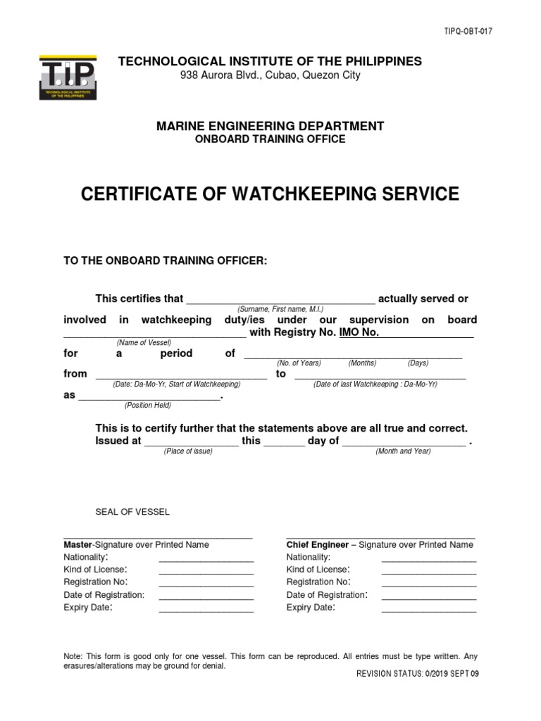 Certificate of Watchkeeping Service: Technological Institute of The ...