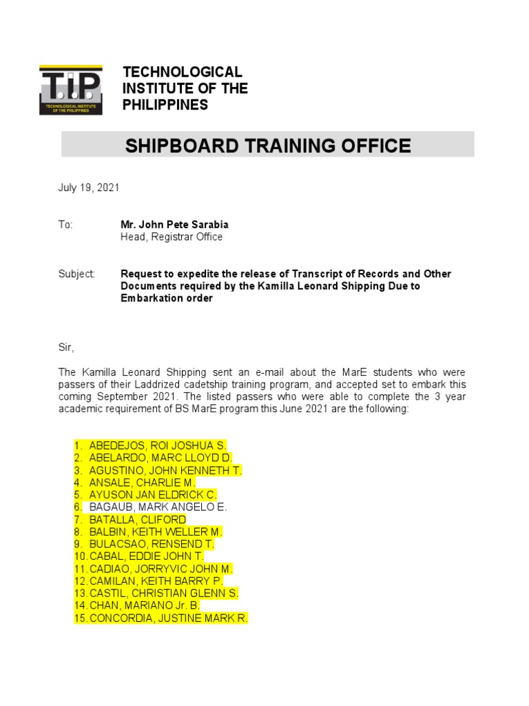 Shipboard Training Office: Technological Institute of The Philippines | PDF