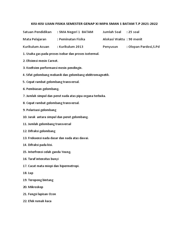 Kisi-Kisi Fisika Xi Mipa Genap T.P 2021-2022 Untuk Sisiwa | PDF