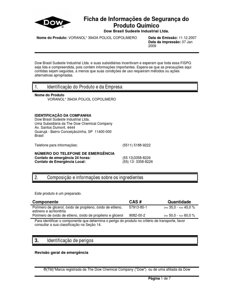 Voranol 3943A Poliol Copolimero | PDF | Água | Desperdício