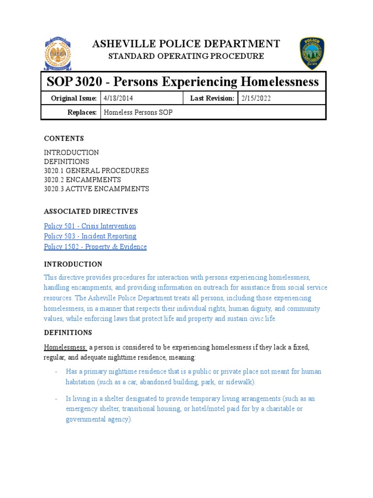 APD Standard Operating Procedure - Persons Experiencing Homelessness ...