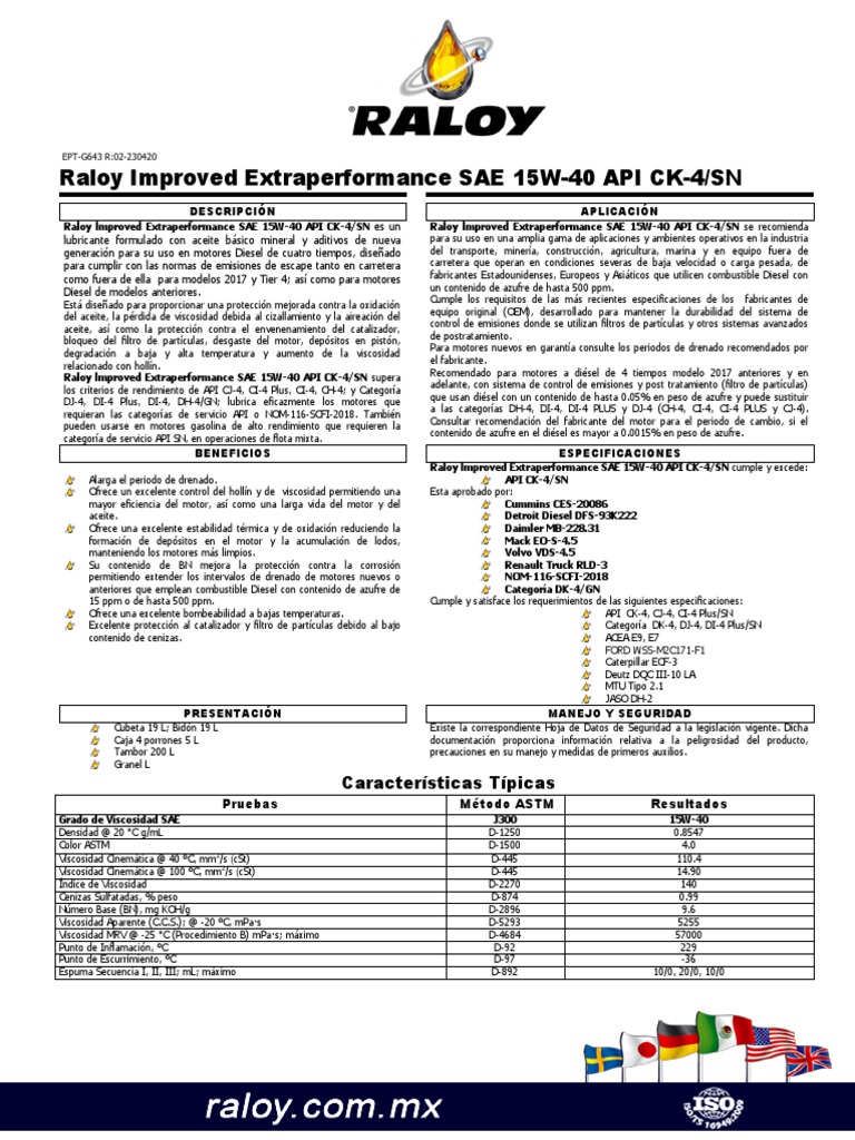 HT-Raloy Improved Extraperformance SAE 15W-40 CK4-SN | PDF | Motor diesel | Lubricante