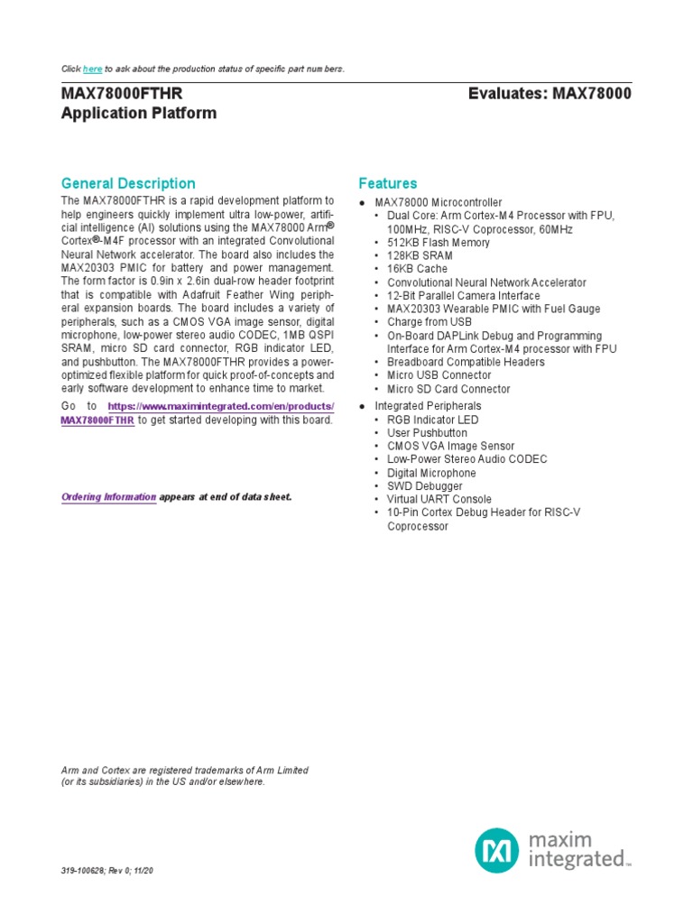 Evaluates: MAX78000 MAX78000FTHR Application Platform: General ...