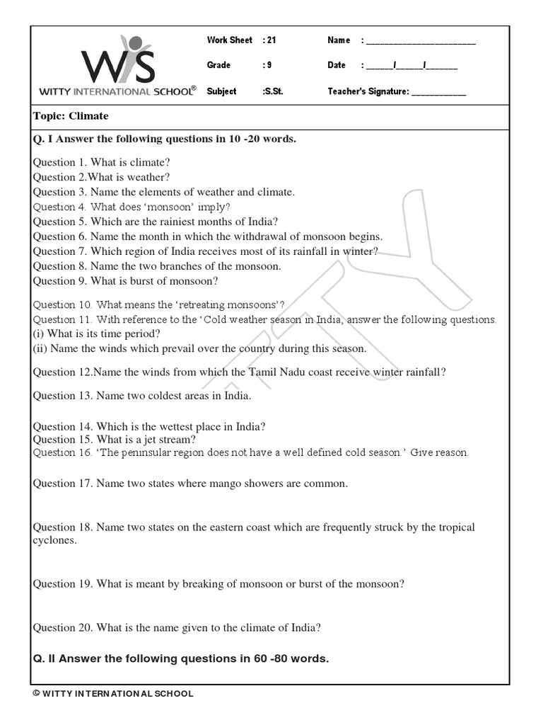 Grade 9 Climate Worksheet | PDF | Monsoon | Earth Phenomena