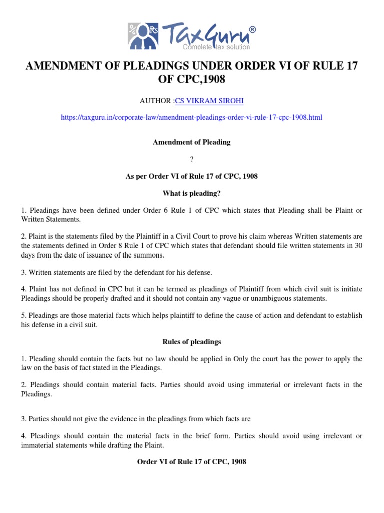 Amendment of Pleadings Under Order VI of Rule 17 of CPC, 1908 - Taxguru ...